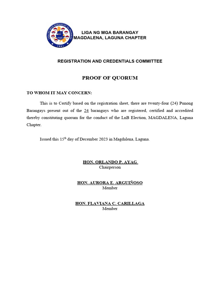 Proof of Quorum - Registration Committee | PDF