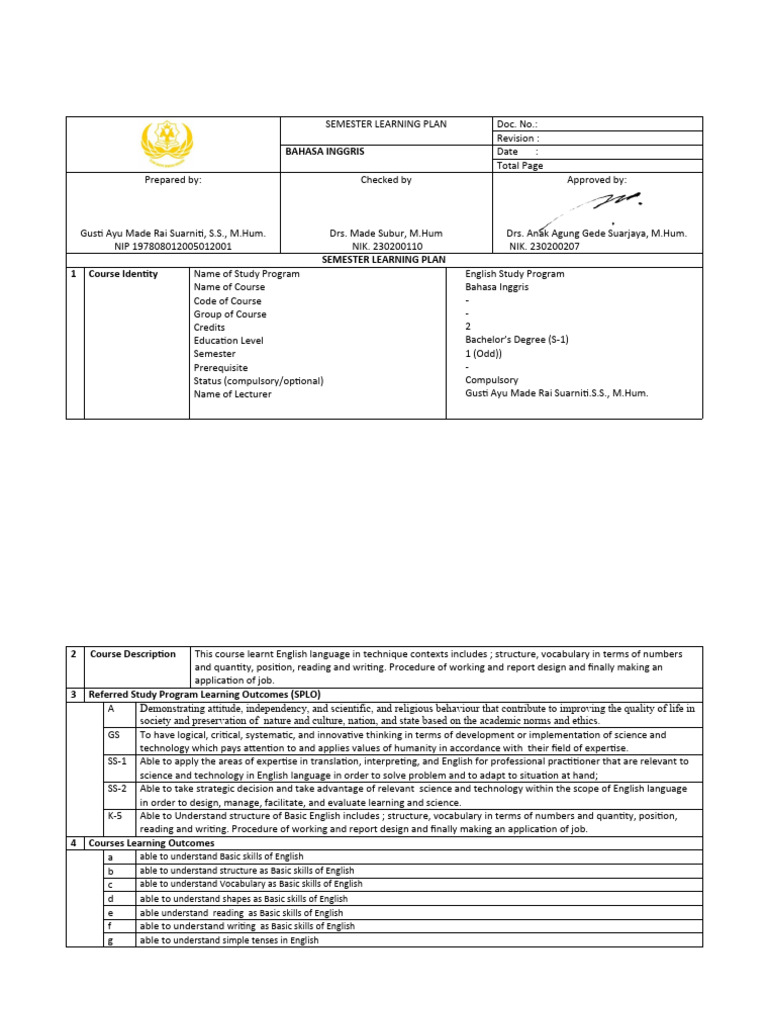 01 Lesson Plan (RPS) - Bhs. Inggris | PDF | Distance Education ...