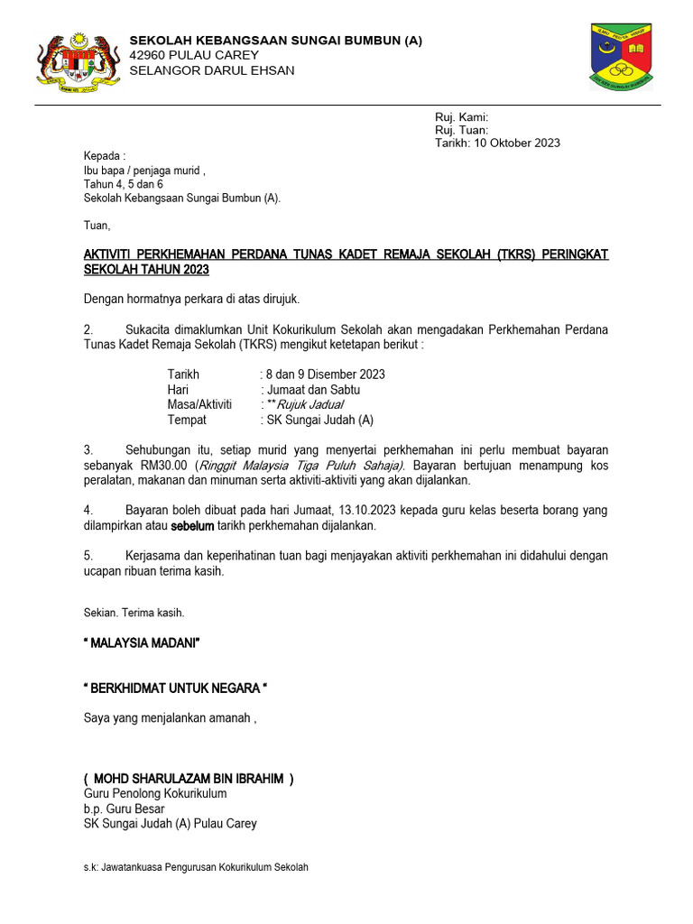 Surat Aktiviti Perkhemahan 2023 Bumbun | PDF
