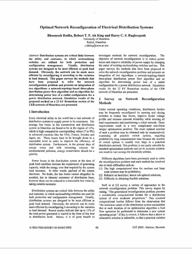 Optimal Network Reconfiguration Of Electrical Distribution Systems
