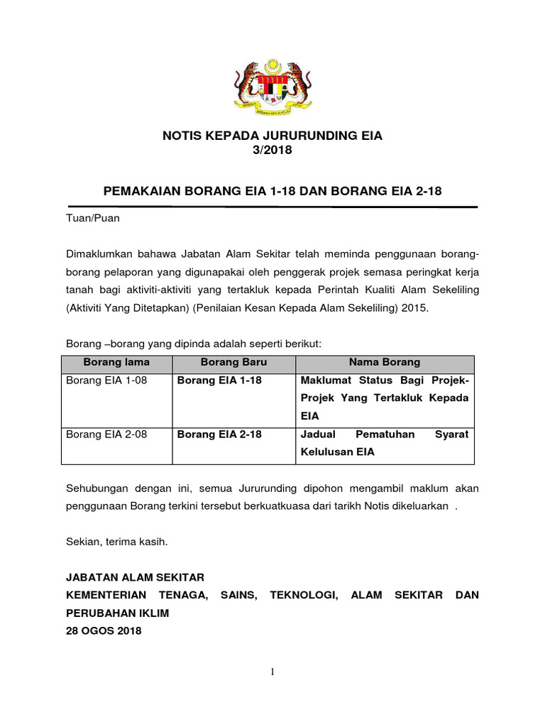Notis 3 2018 Pemakaian Borang Terkini EIA 1 18 Dan EIA 2 18 1 | PDF