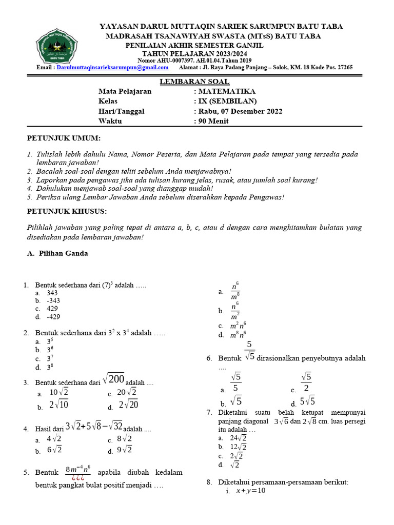 Soal Matematika Kelas 9 | PDF | Metode & Bahan Ajar