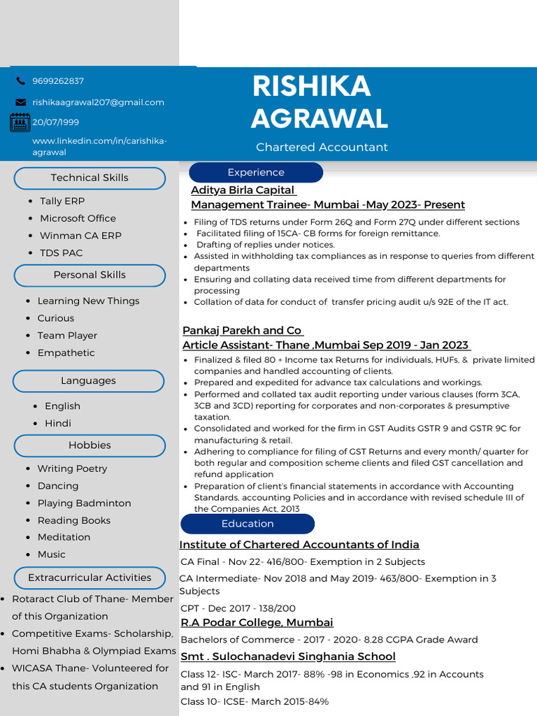 CA Rishika Agrawal Resume-1 | PDF | Economies | Public Finance