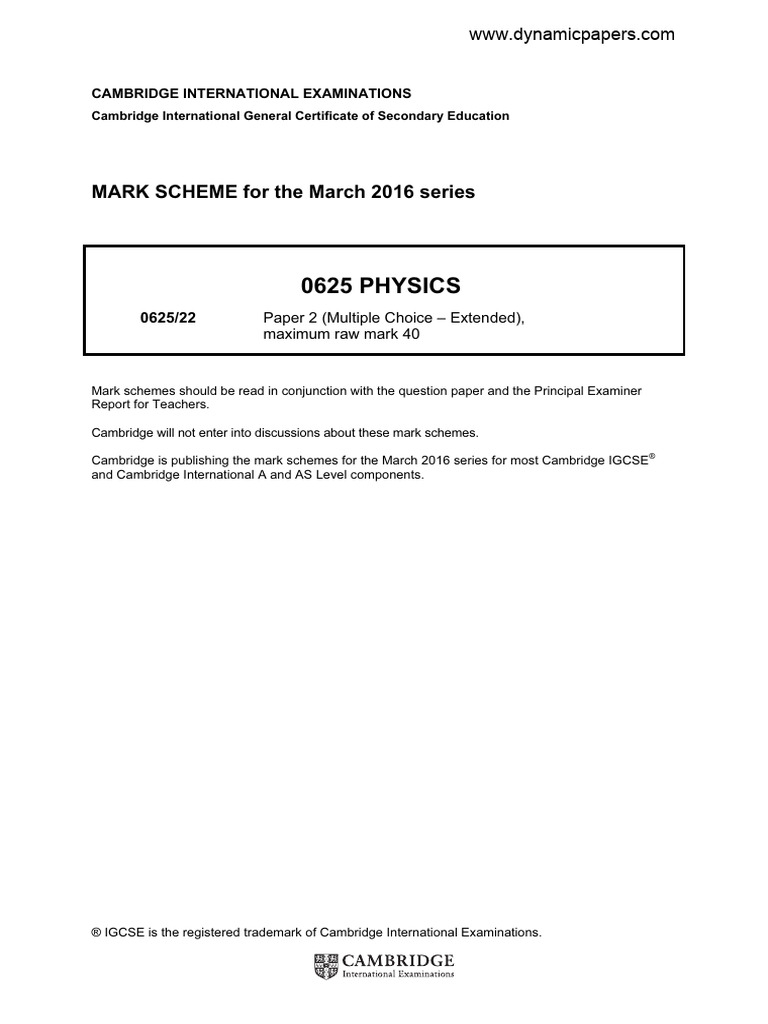 0625 PHYSICS: MARK SCHEME For The March 2016 Series | PDF