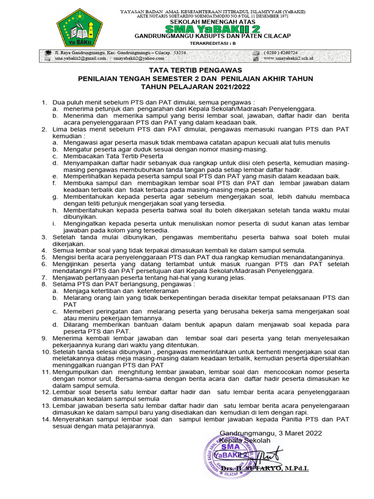 Tata Tertib Pengawas PAT 2022 | PDF