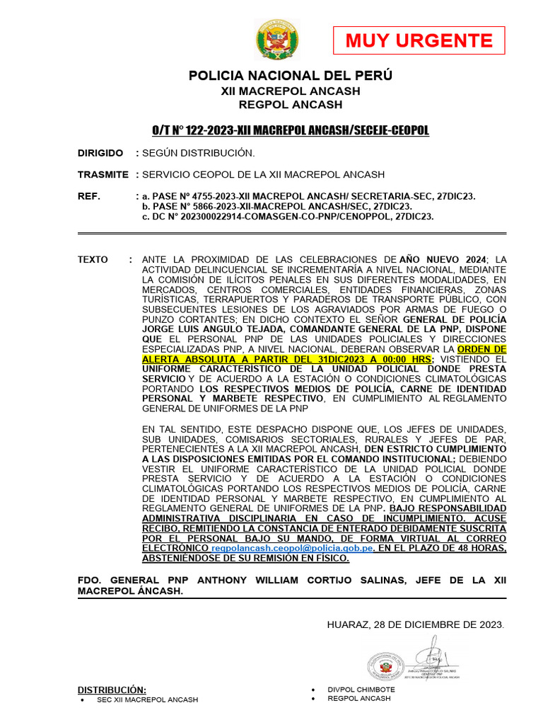 Ot Nro.122 - Orden de Alerta Absoluta en La Xii Macrepol Ancash, A ...