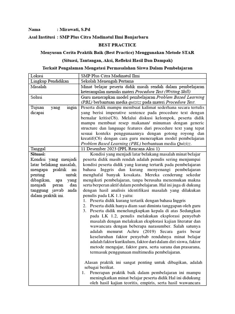 Mirawati, S.PD Best Practice Kumpul Di Drive Ibu Elvina | PDF