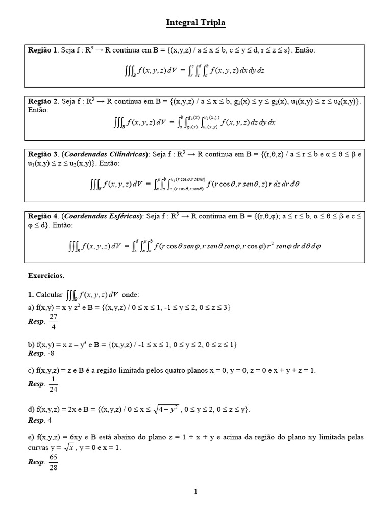 Integrais Triplas - Exercícios Propostos | PDF