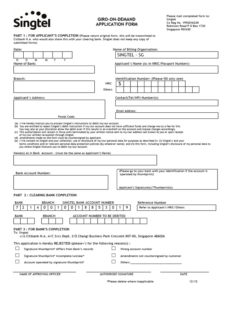 SG Singtel Giro On Demand Form | PDF