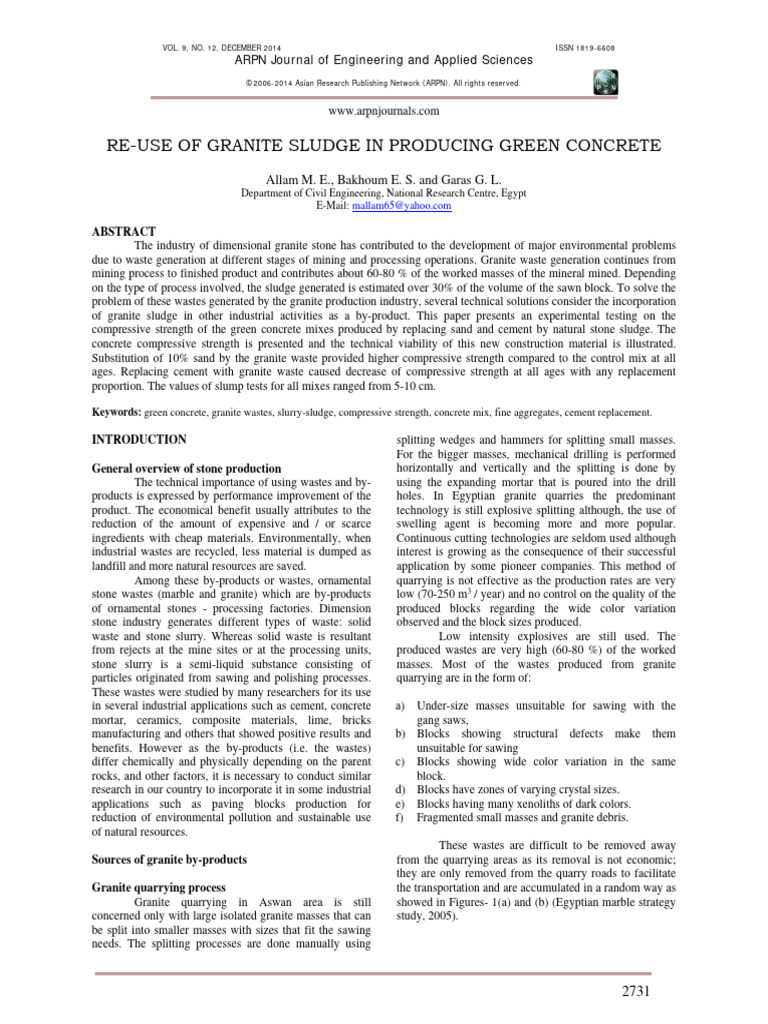 Re-Use of Granite Sludge in Producing Green Concrete: Allam M. E ...