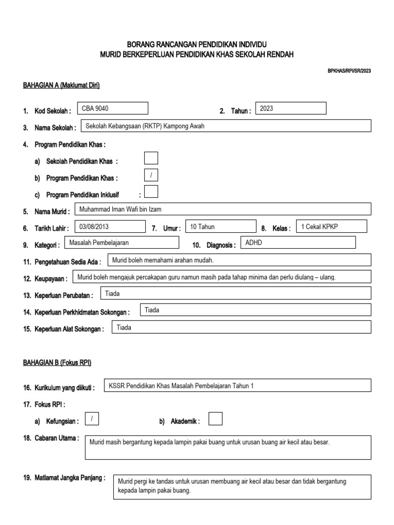 Borang Rancangan Pendidikan Individu Dan Borang Rumusan Prasidang (Edisi 2023) - Muhamamd Iman ...