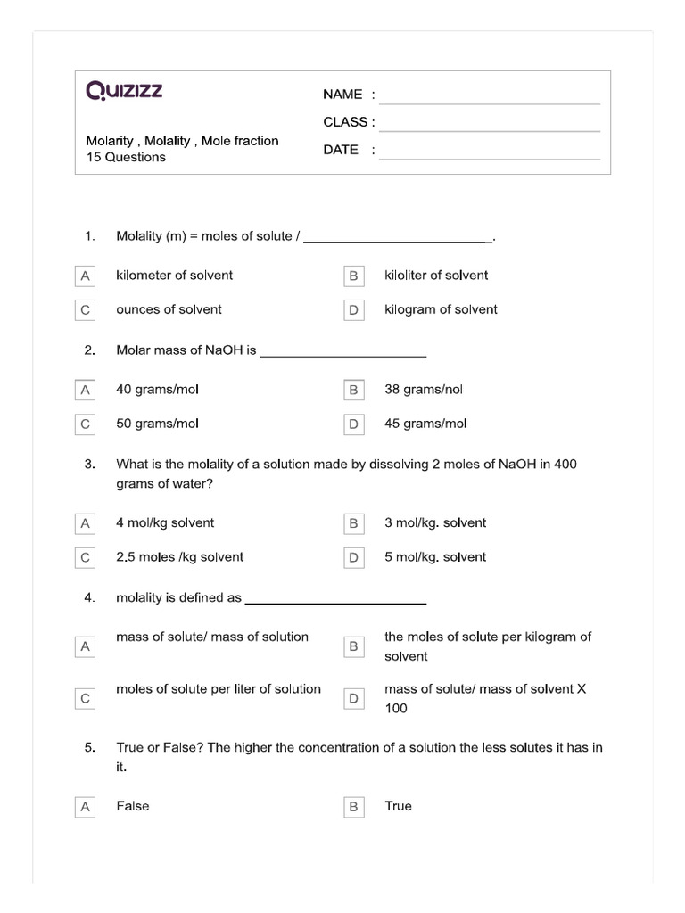 Molarity Quiz | PDF