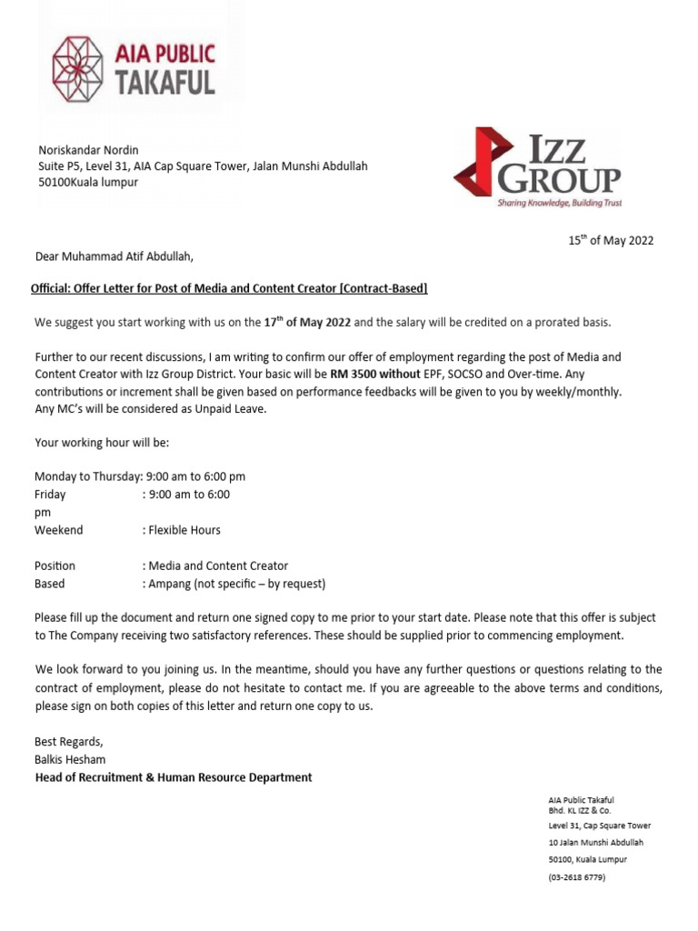 Offer Letter Atif Abdullah | PDF | Labor | Economies