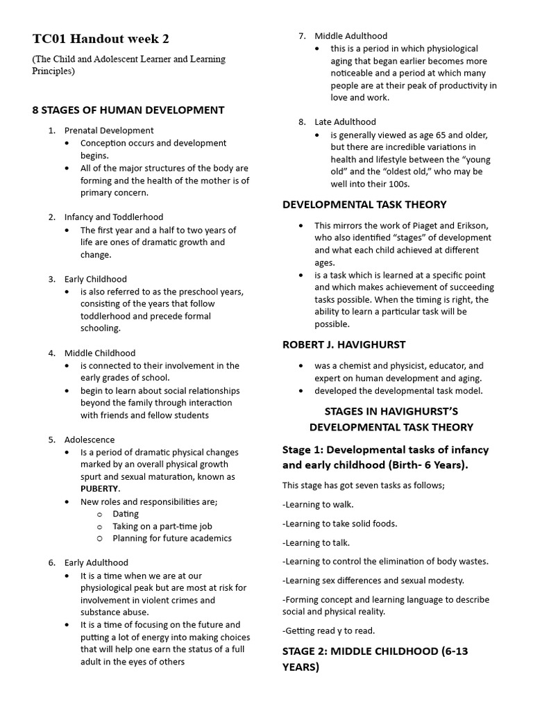 TC01 Handout Week 2 | PDF | Developmental Psychology | Adolescence