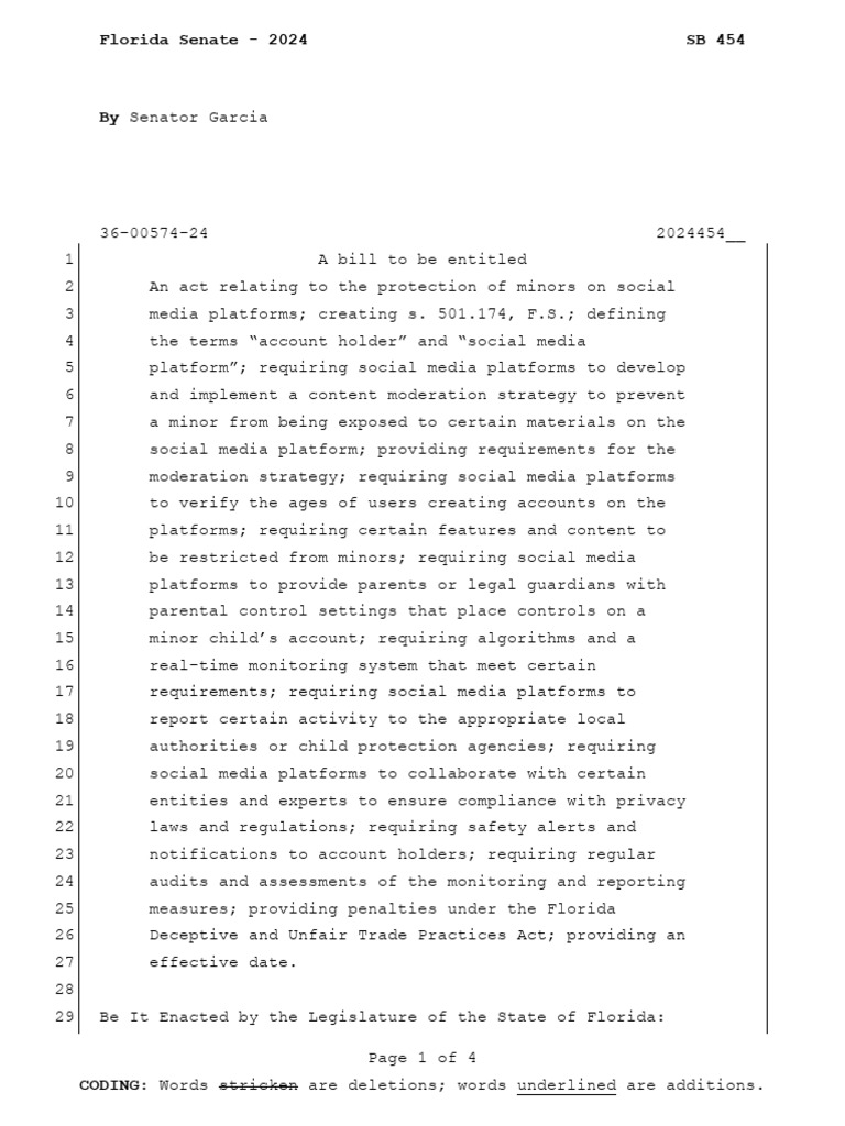 Florida SB 454: Minor Protection on Social Media | PDF