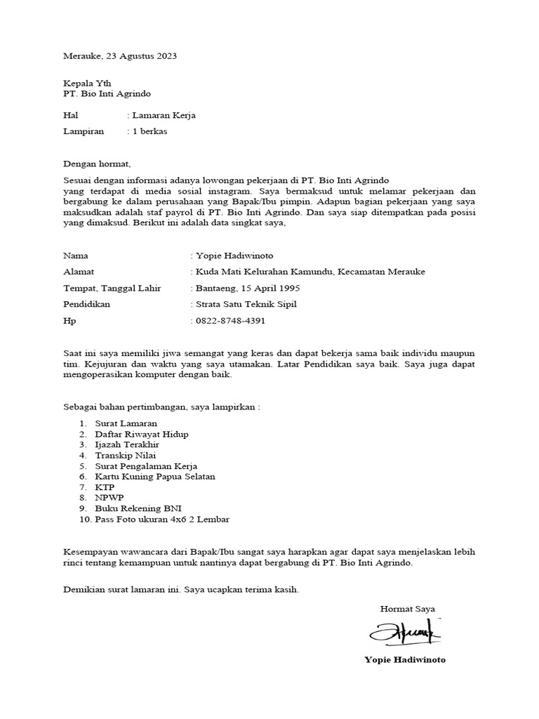 Lamaran Kerja PT. BIO | PDF