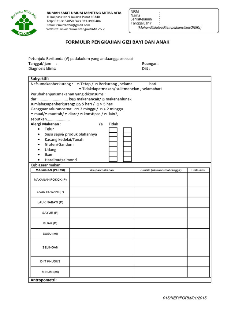 Formulir Pengkajian Gizi Anak RS Mitra Afia | PDF