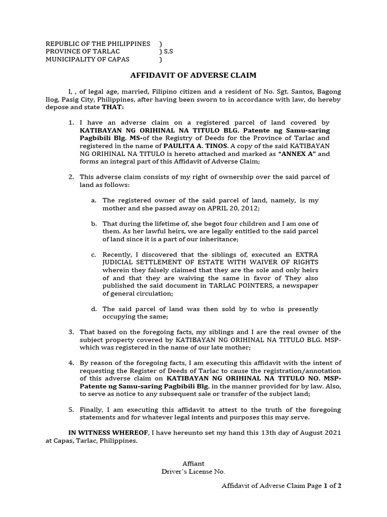Adverse Claim on Land Title | PDF | Affidavit | Justice
