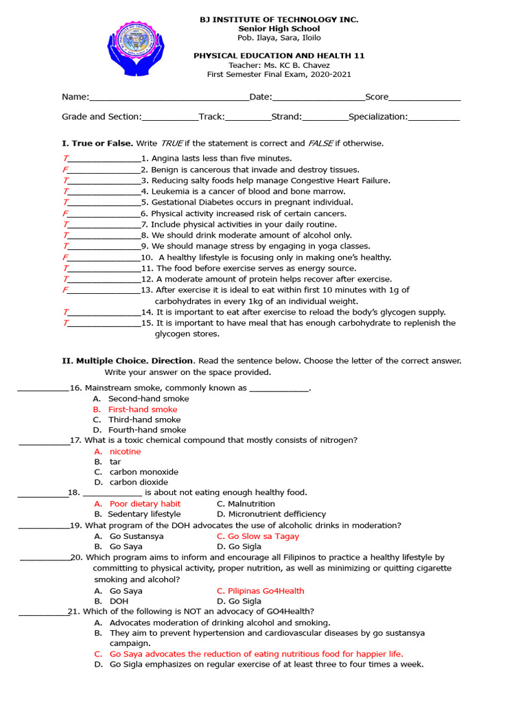 1st Semester FINAL EXAM in Physical Education and Health 11 Final | PDF