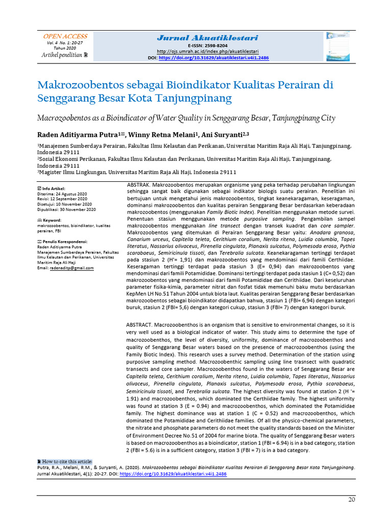Bioindikator Estuari Senggarang Kepri 2020 | PDF
