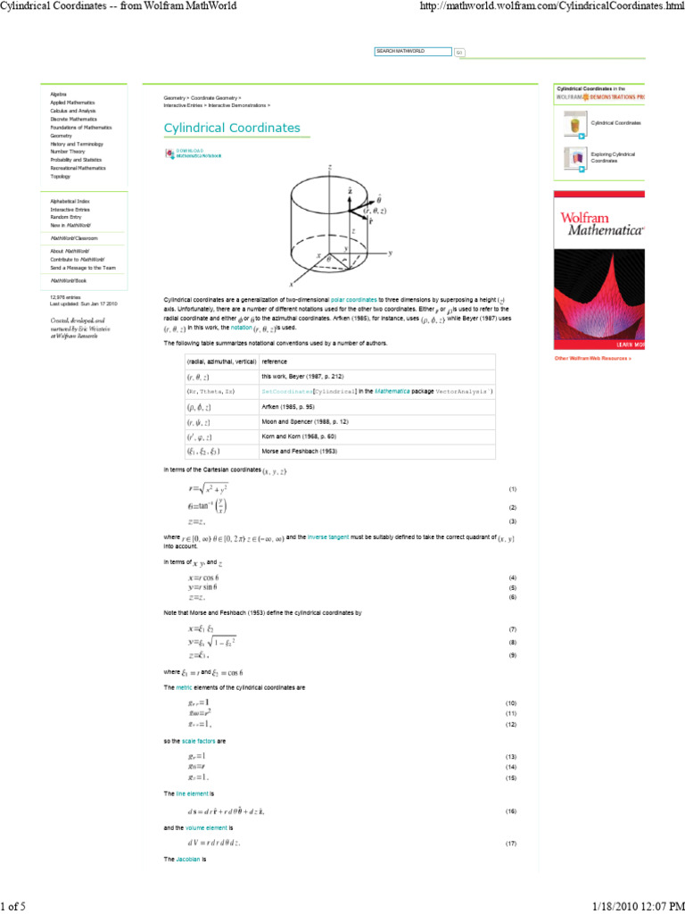 Cylindrical Coordinates Pdf Gradient Cartesian Coordinate System