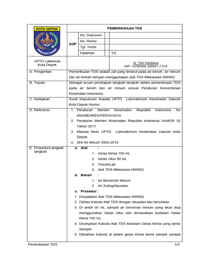 Sop Pemeriksaan Kadar Tds | PDF