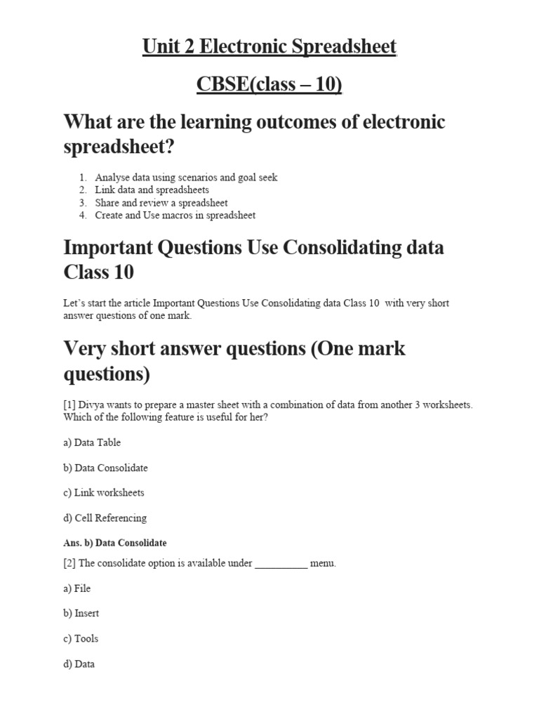 Mportant Questions Use Consolidating Data Class 10 | PDF | Spreadsheet | Microsoft Excel