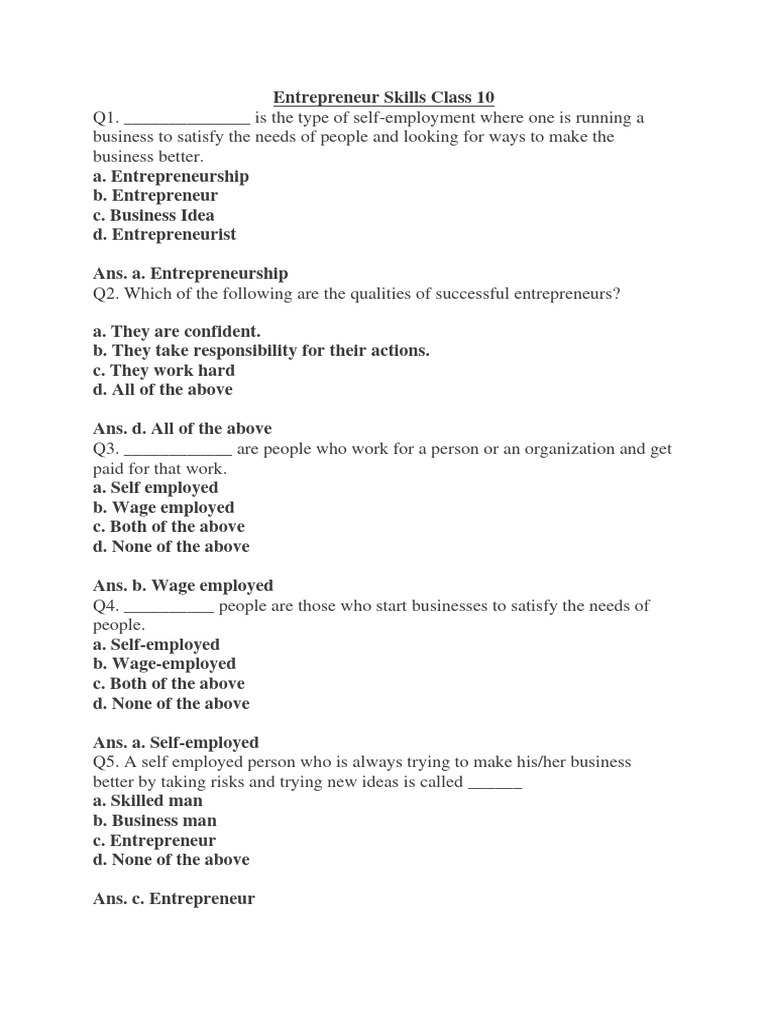 Class 10 Entrepreneurial Skills MCQs | PDF | Entrepreneurship | Economies