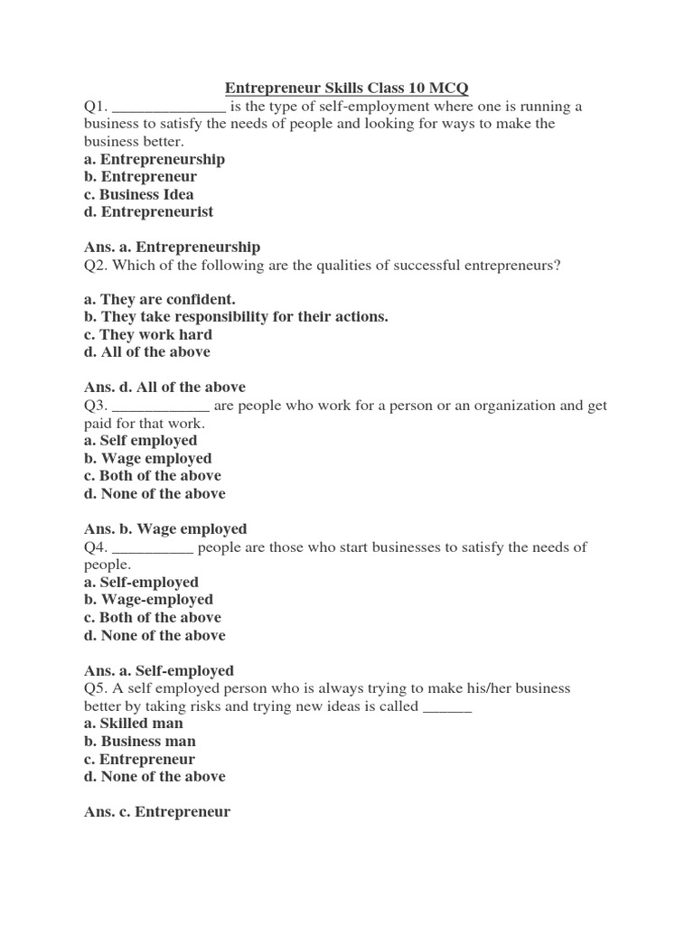 Class 10 Entrepreneur Skills MCQs | PDF