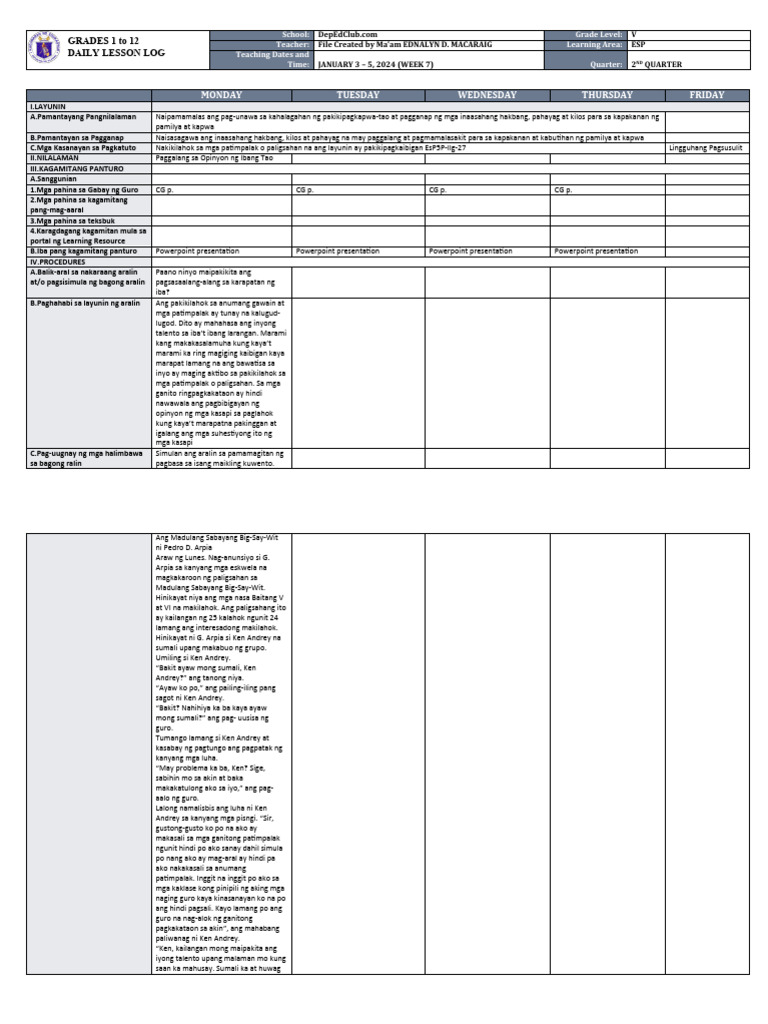 DLL - Esp 5 - Q2 - W7 | PDF