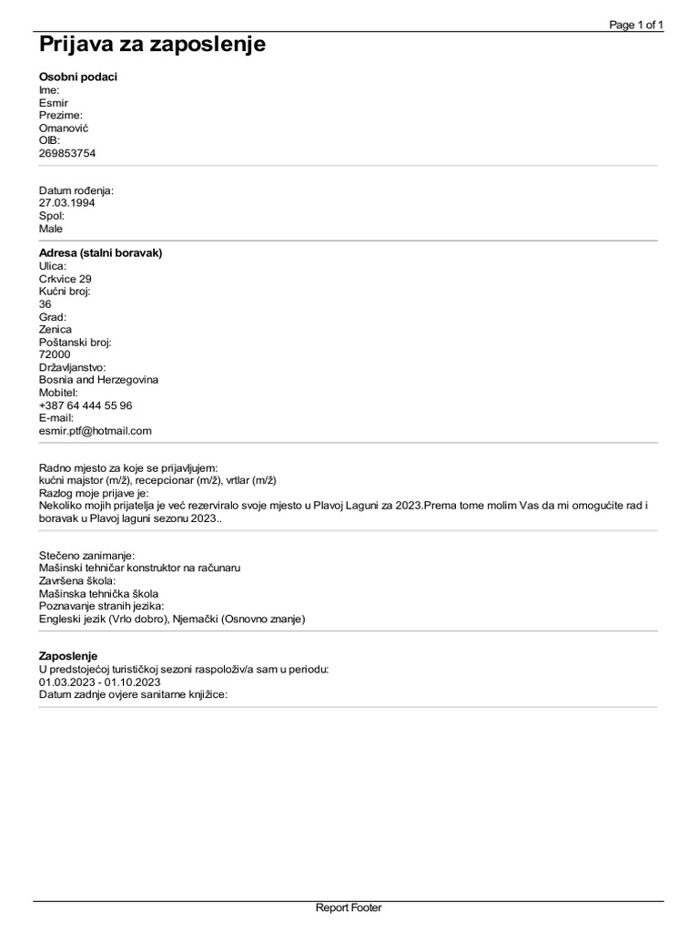 Prijava Zaposlenje | PDF