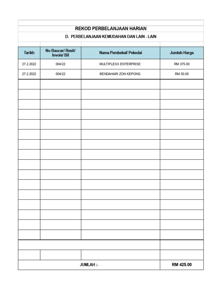 Rekod Perbelanjaan Harian: D. Perbelanjaan Kemudahan Dan Lain - Lain | PDF