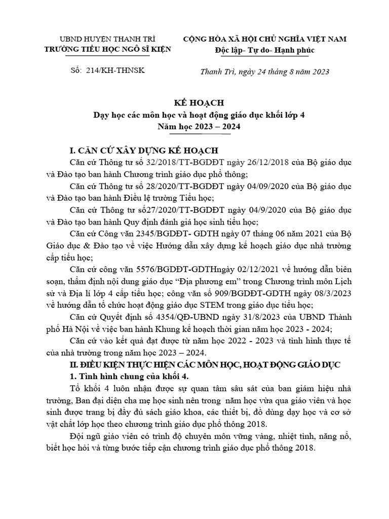 9.10. KHGD Khối 4 - NH 23-24 | PDF