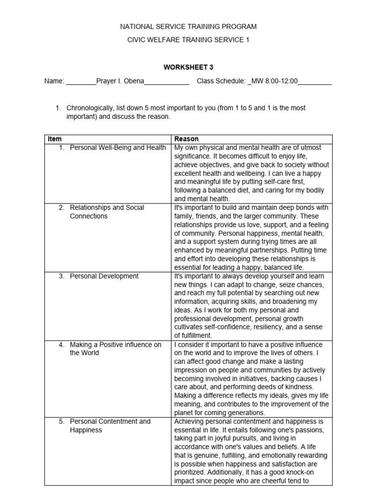 NSTP 1 Worksheet 3 - OBENA | PDF | Mental Health | Well Being