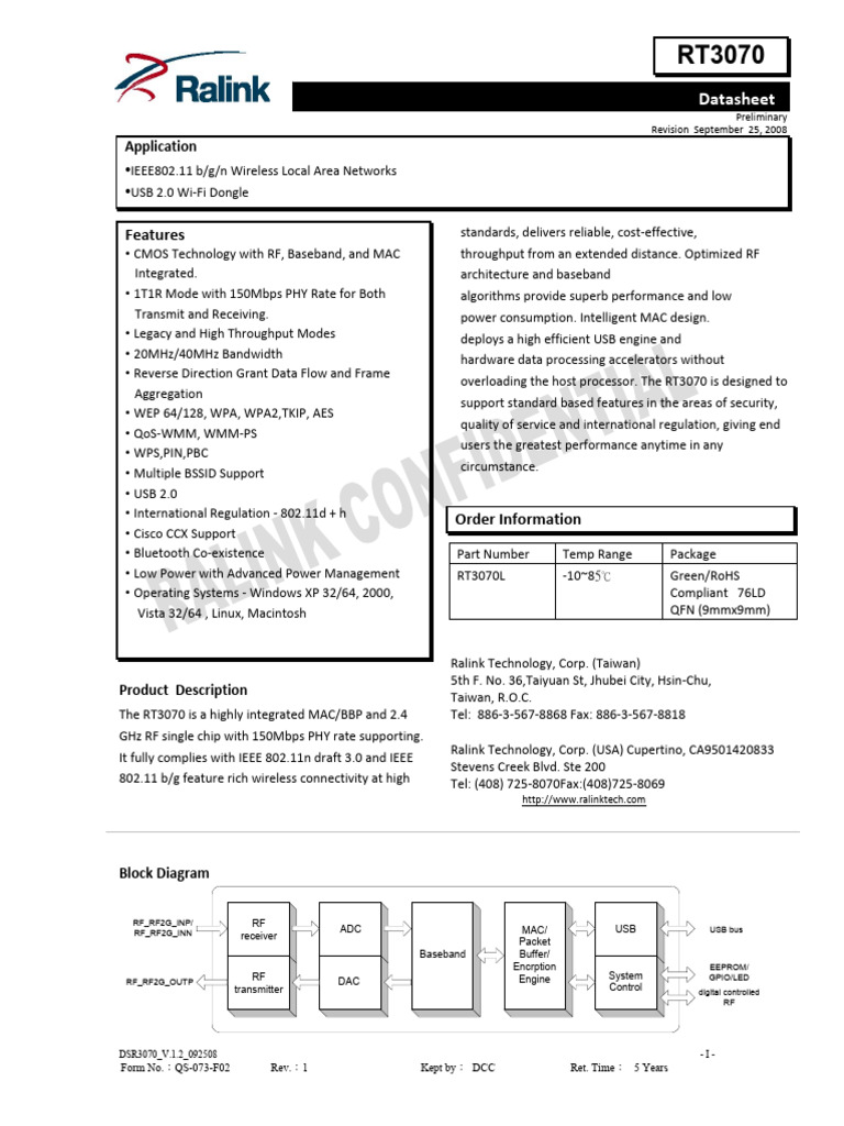 RT3070 Wireless USB Dongle Datasheet | PDF | Analog To Digital ...