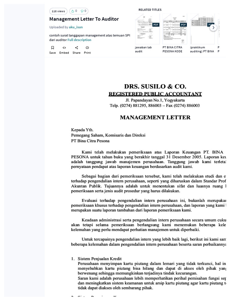 Contoh Management Letter Audit | PDF