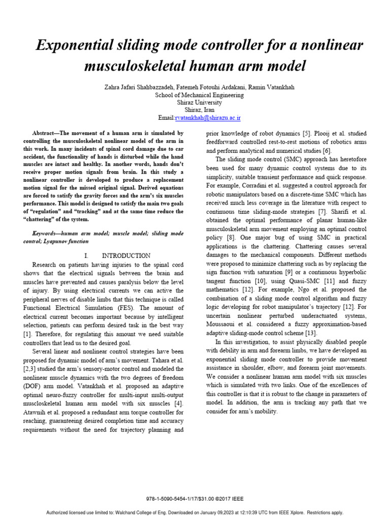 Exponential Sliding Mode Controller For A Nonlinear Musculoskeletal Human Arm Model Pdf 