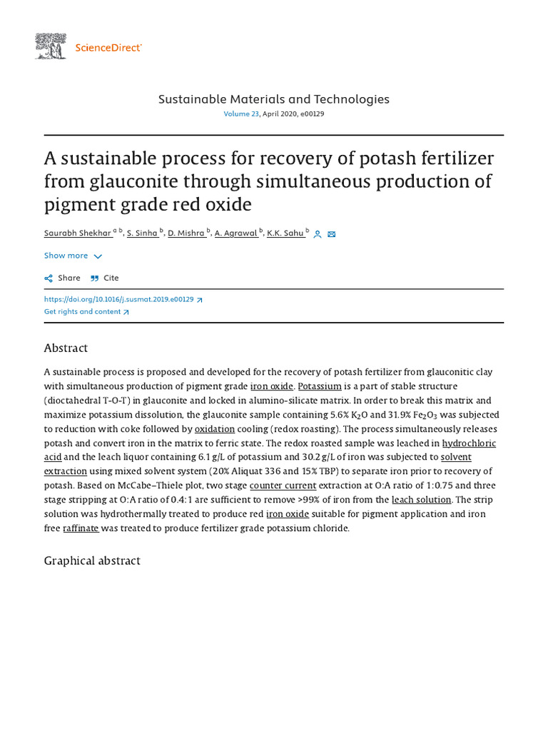 A Sustainable Process For Recovery of Potash Fertilizer From Glauconite Through Simultaneous ...