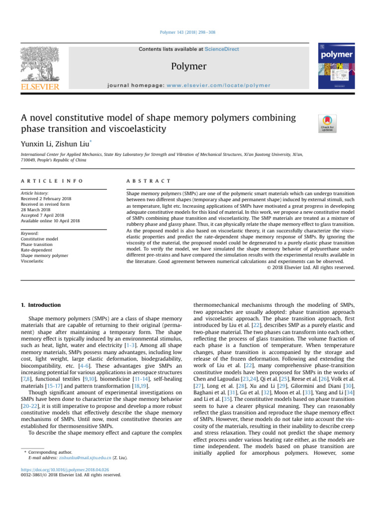 A Novel Constitutive Model of Shape Memory Polymers Combining Phase Transition and ...