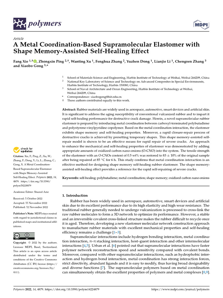 A Metal Coordination-Based Supramolecular Elastomer With Shape Memory-Assisted Self-Healing ...