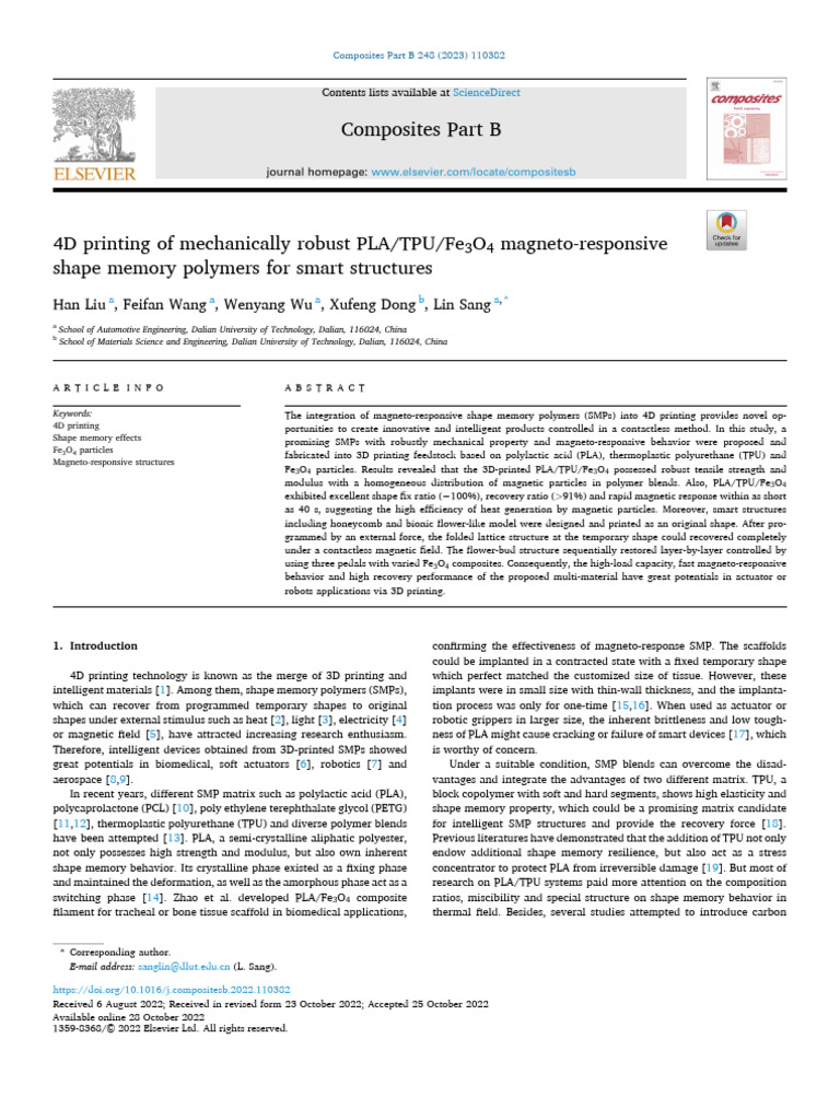 4D Printing of Mechanically Robust PLA-TPU-Fe3O4 Magneto-Responsive ...