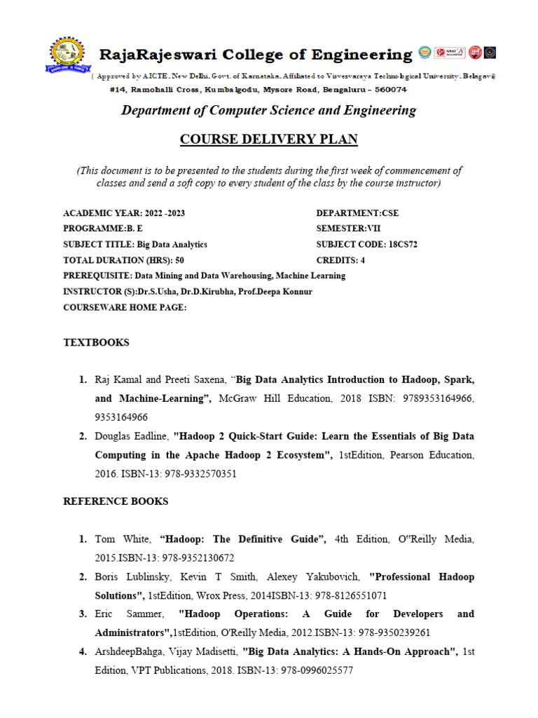 Department of Computer Science and Engineering: Course Delivery Plan ...