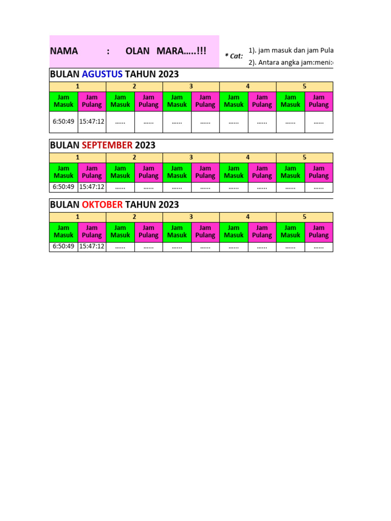 Format Jam Masuk Jam Pulang | PDF