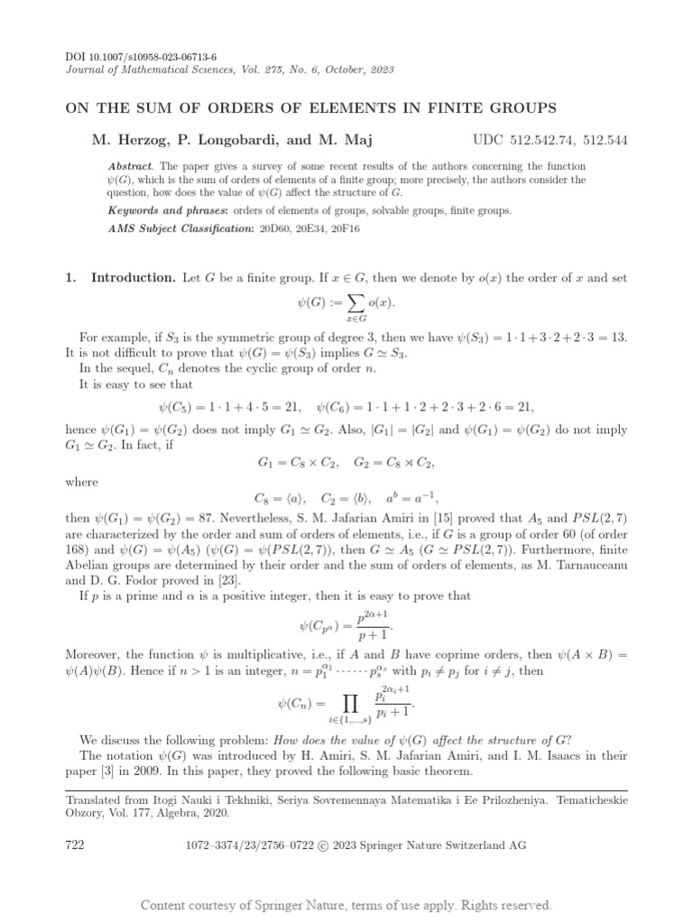 On The Sum of Orders of Elements in Finite Groups | PDF | Group (Mathematics) | Mathematics