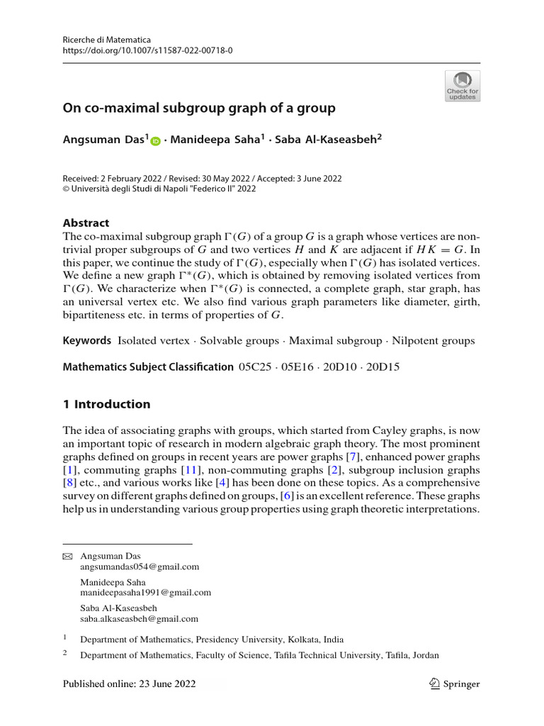 On Co-Maximal Subgroup Graph of A Group: Angsuman Das Manideepa Saha Saba Al-Kaseasbeh | PDF ...