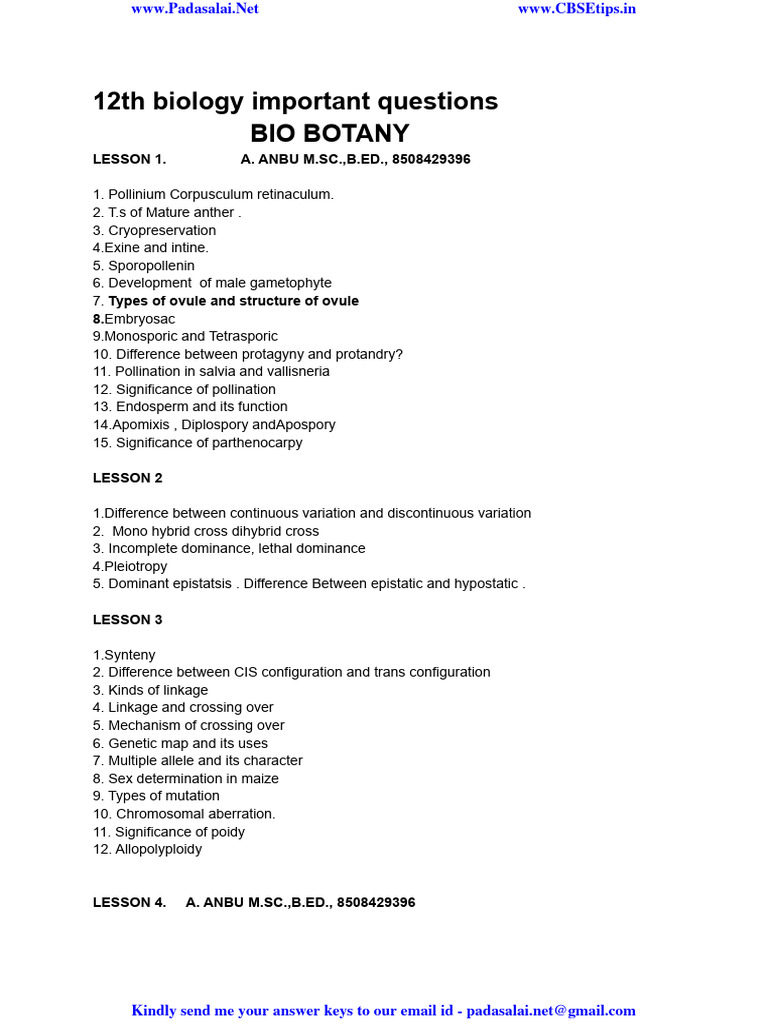12th Biology Important Questions English Medium PDF Download | PDF