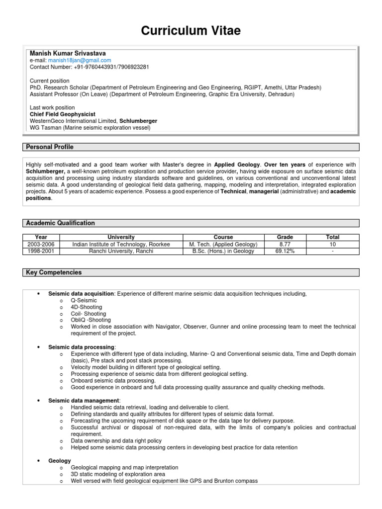 Manish_CV_Exploration-Geologist | PDF | Reflection Seismology | Geology Manish_CV_Exploration-Geologist | PDF | Reflection Seismology | Geology