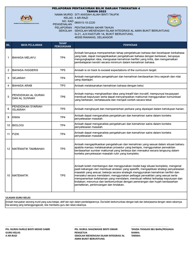 2022 TEMPLAT PELAPORAN PBD KELAS TINGKATAN 4 V3 - Try | PDF
