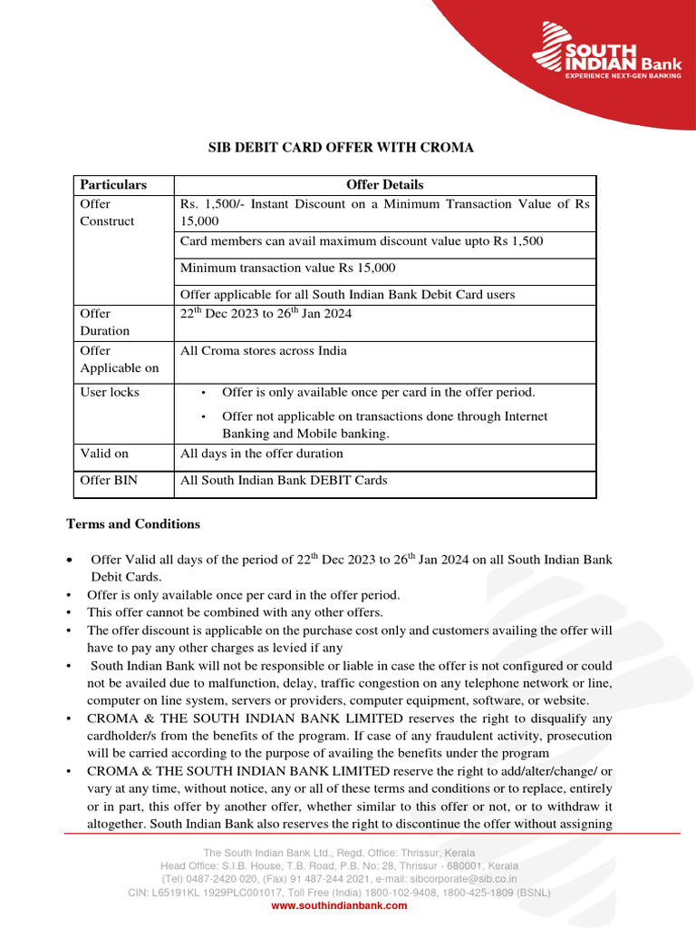 Sib Debit Card Offer With Croma 2023 | PDF | Debit Card | Banks