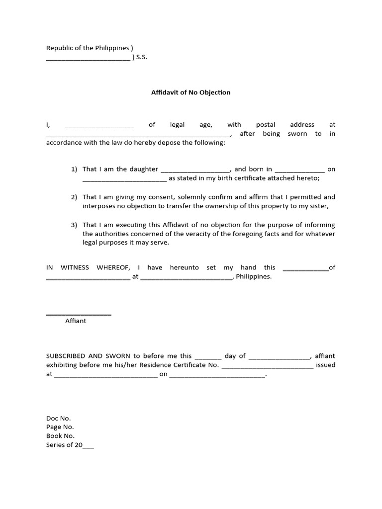 Affidavit of No Objection On Property (Template) | PDF